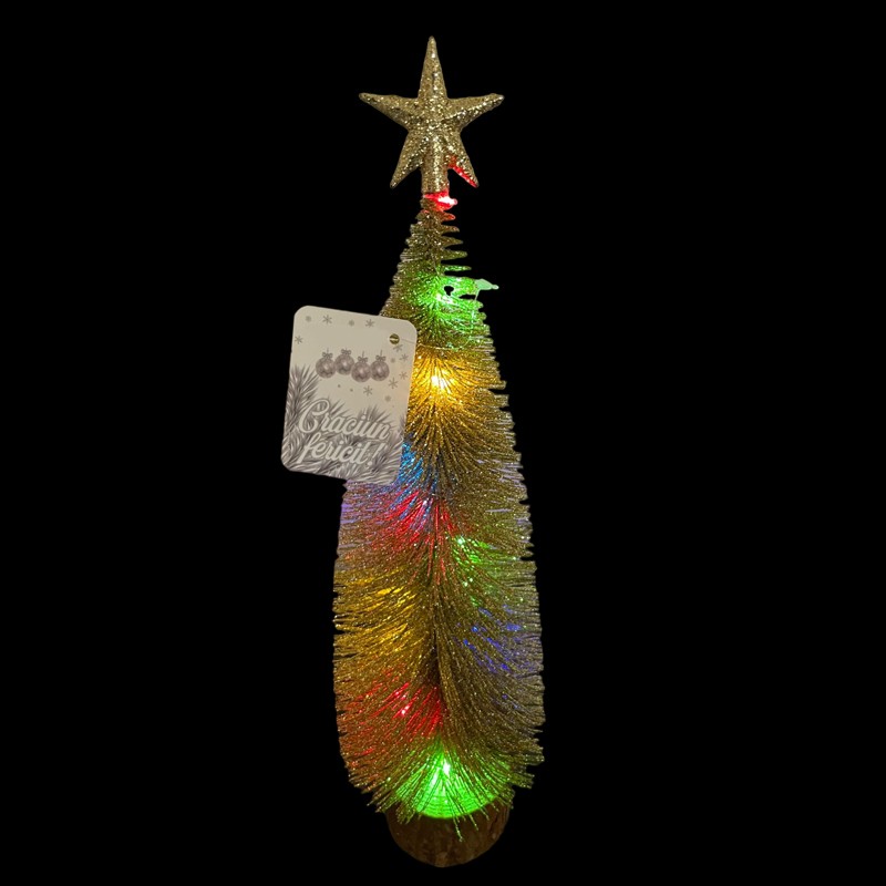 Decoratiune Craciun, bradut artificial LED, suport lemn, auriu, 32 cm