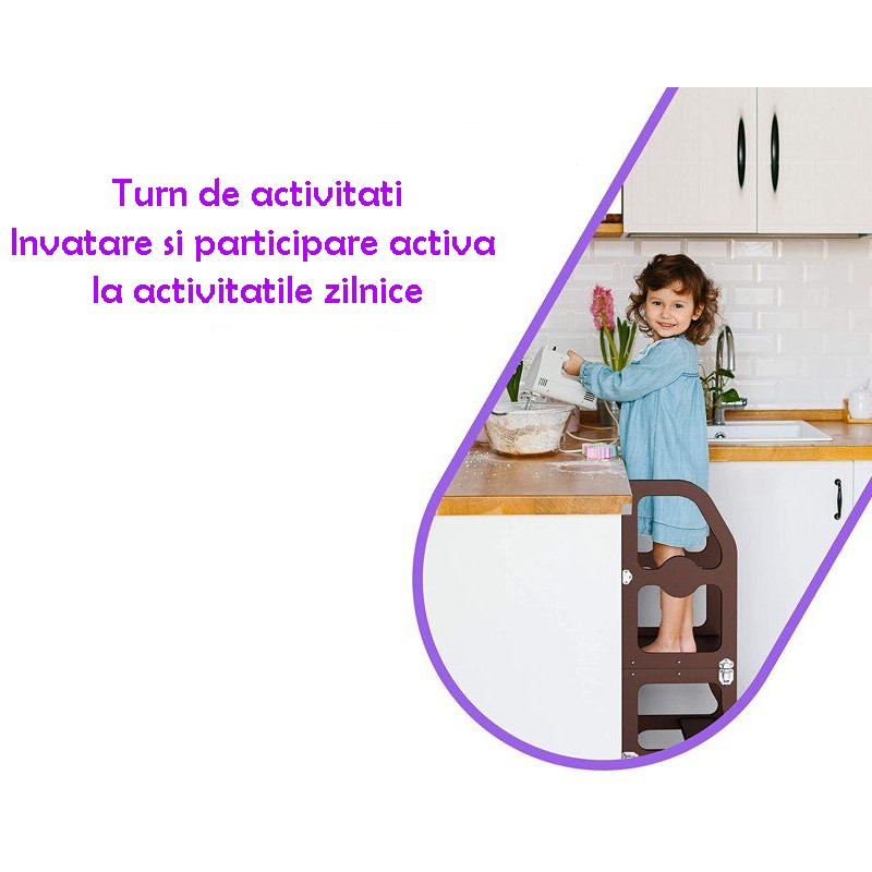 Turn invatare pliabil, scaun inaltator 2 in 1, copii 18 luni +, lemn