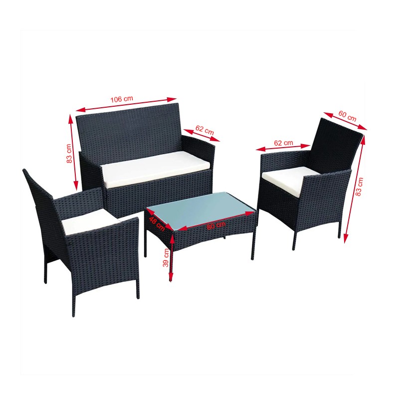 Set mobilier gradina 4 piese, masuta, fotolii, canapea, blat sticla