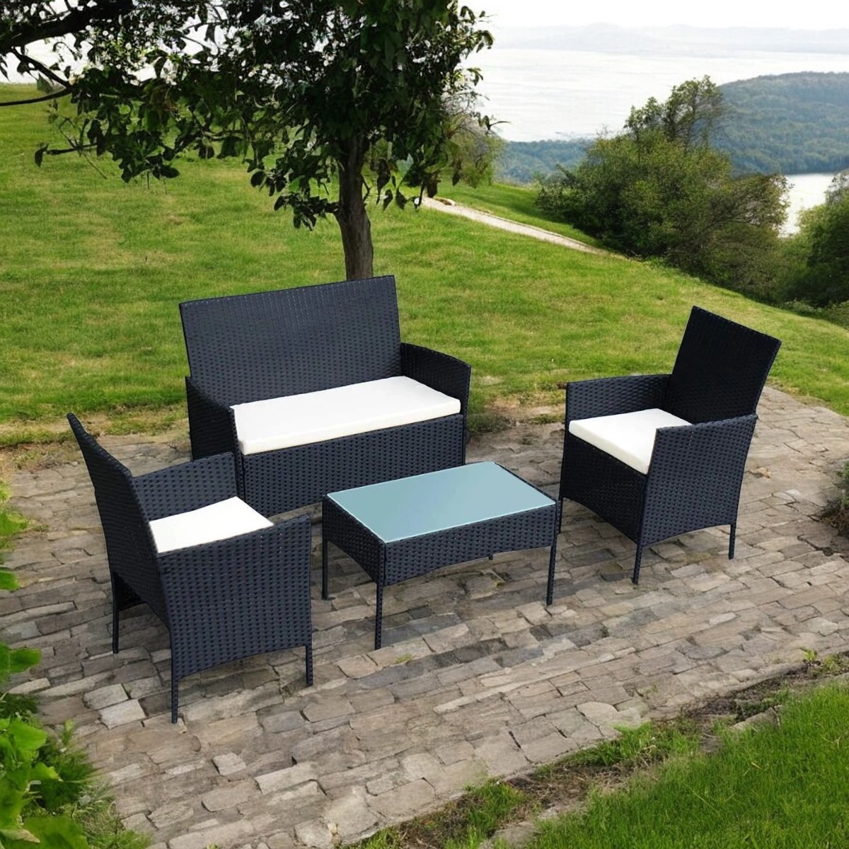 Set mobilier gradina 4 piese, masuta, fotolii, canapea, blat sticla