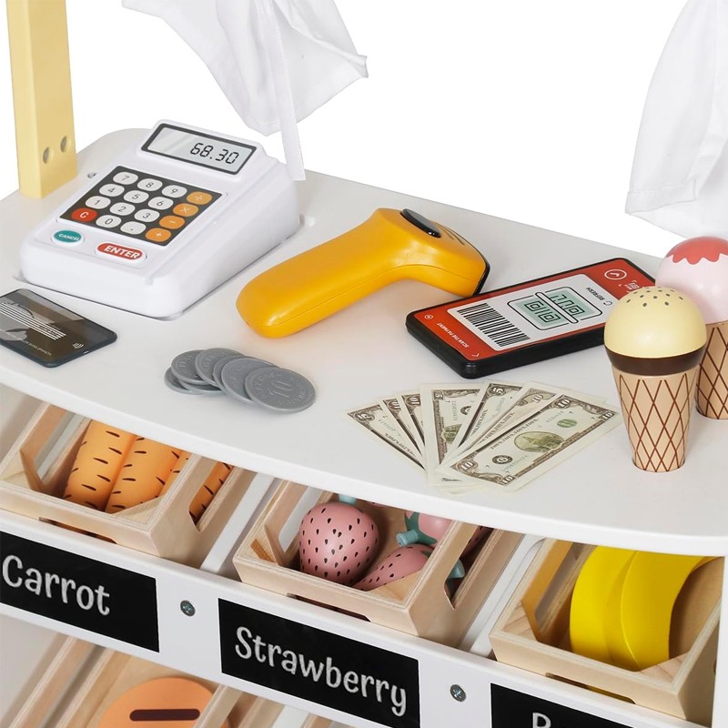 Magazin de legume, taraba din lemn cu lazi, casa de marcat, POS