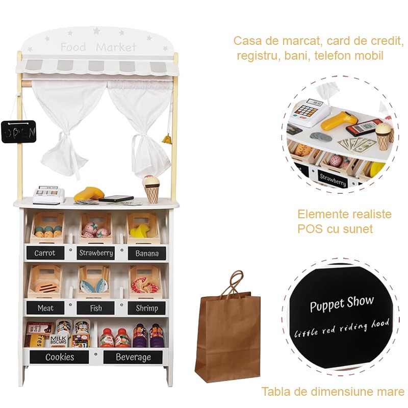 Magazin de legume, taraba din lemn cu lazi, casa de marcat, POS