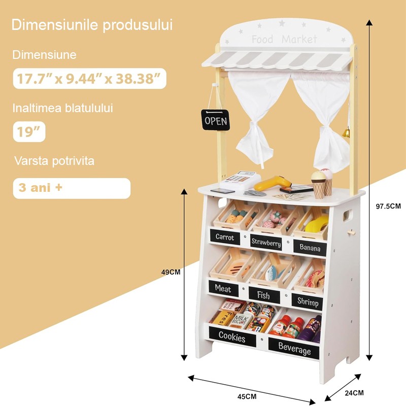 Magazin de legume, taraba din lemn cu lazi, casa de marcat, POS