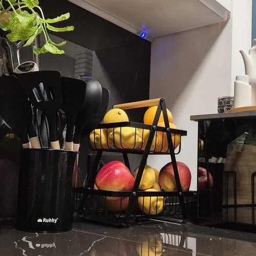 Cos fructe si legume, 2 nivele, 2 dimensiuni, maner lemn, negru mat