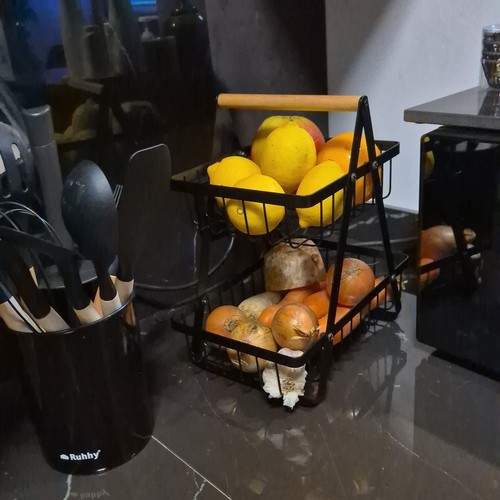Cos fructe si legume, 2 nivele, 2 dimensiuni, maner lemn, negru mat