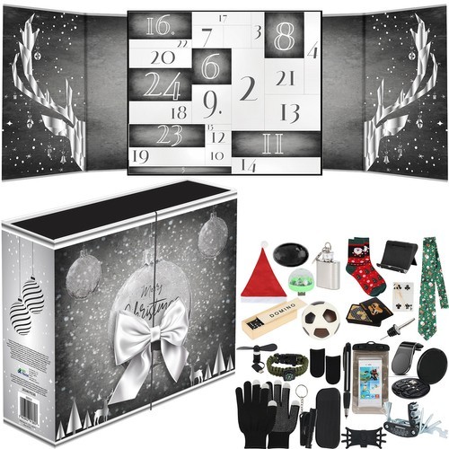 Calendar advent barbati, 24 cadouri, design elegant, panglica satinata