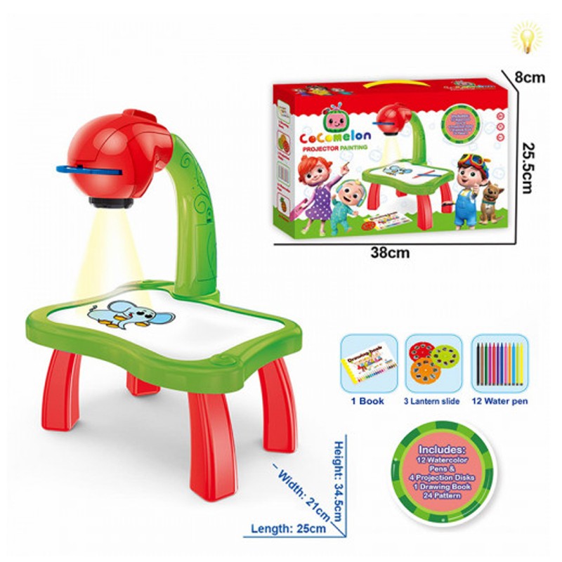 Masuta desen, proiector 3 diapozitive, carte, creioane colorat