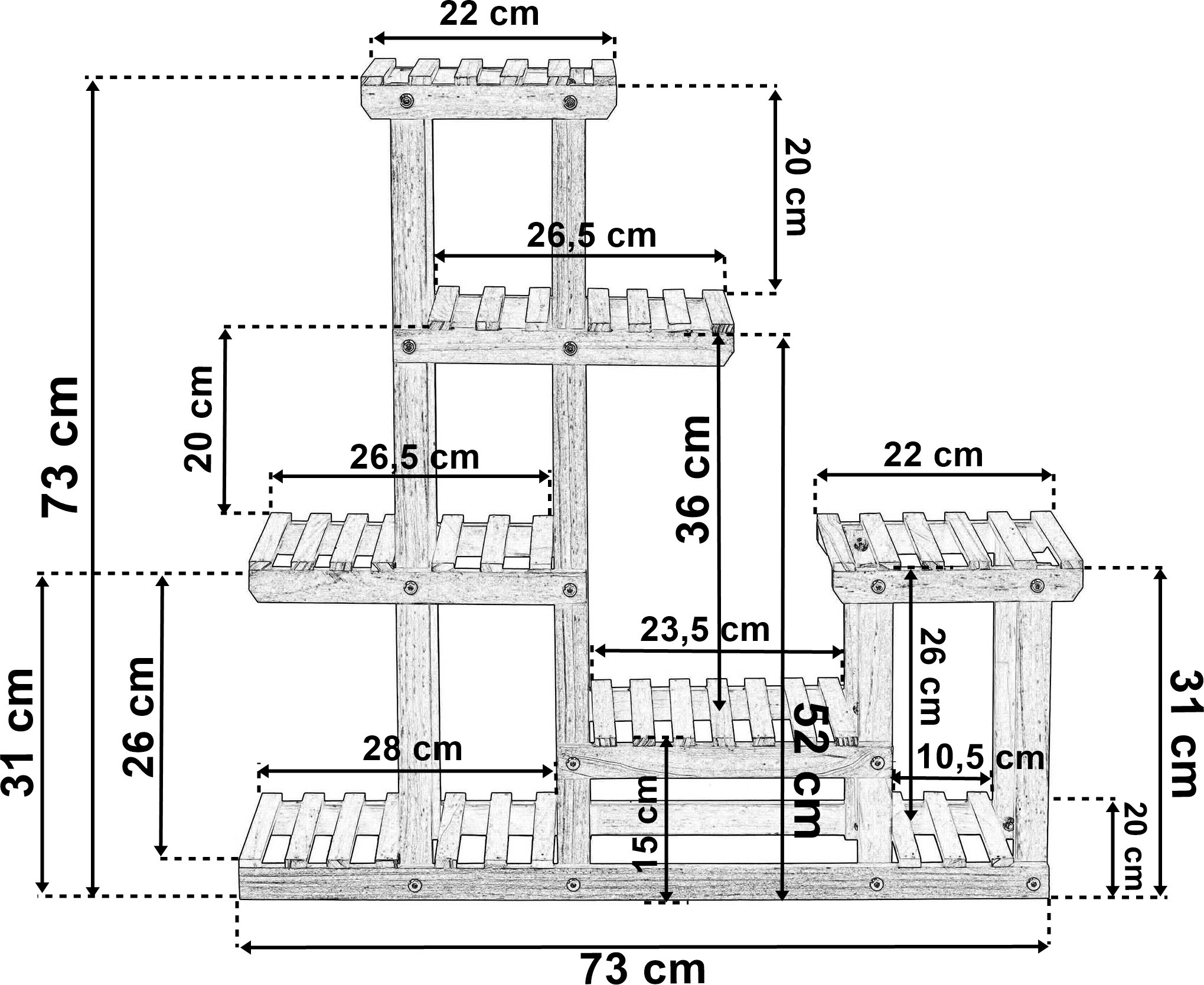 Suport flori din lemn, 5 niveluri, multiple rafturi, inaltime 73 cm