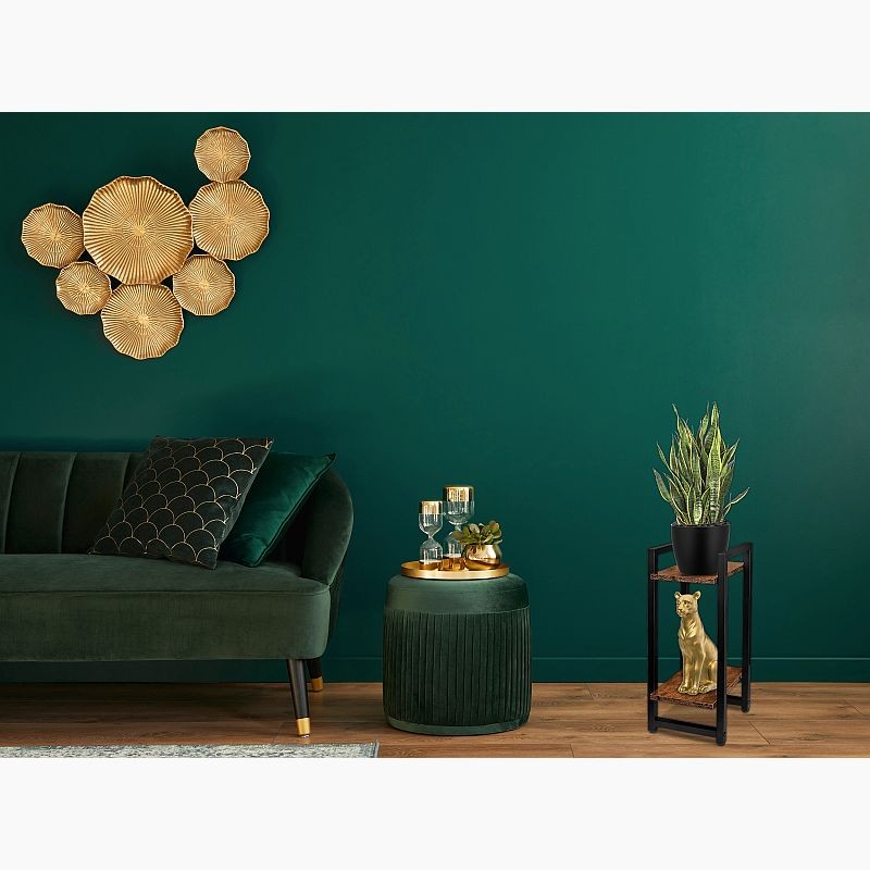 Suport flori, 2 rafturi, inaltime 56 cm, otel si placi laminate stejar