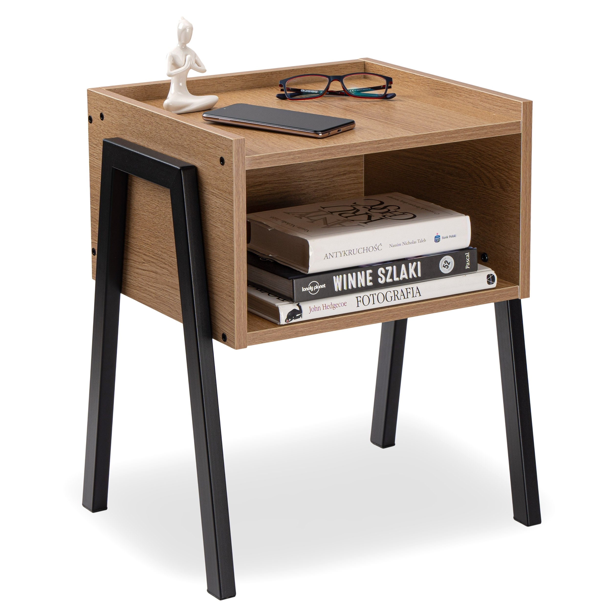 Noptiera dormitor, MDF laminat si otel, negru/stejar invechit