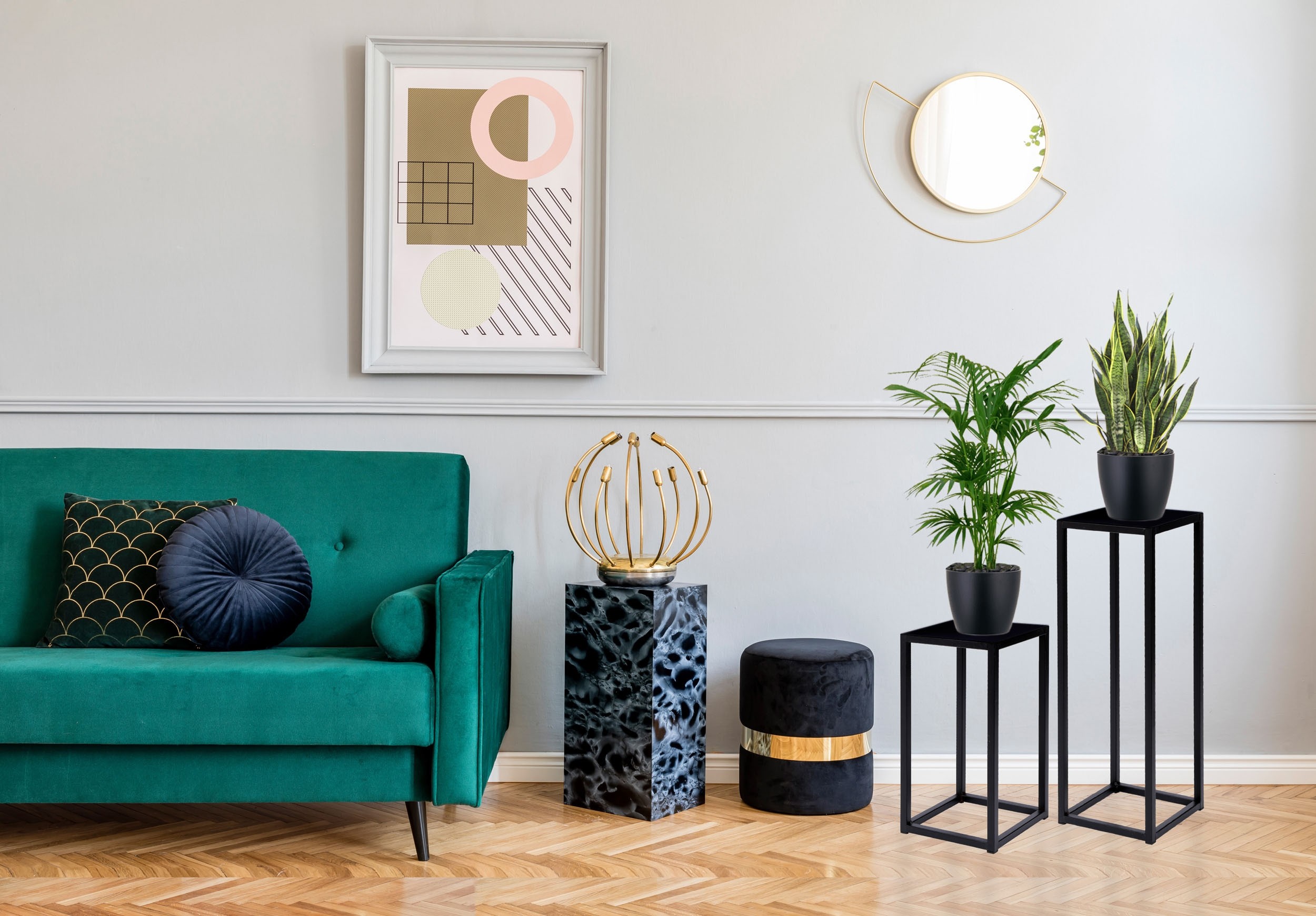 Stand metalic flori, inaltime 60 cm, stil minimalist, negru mat