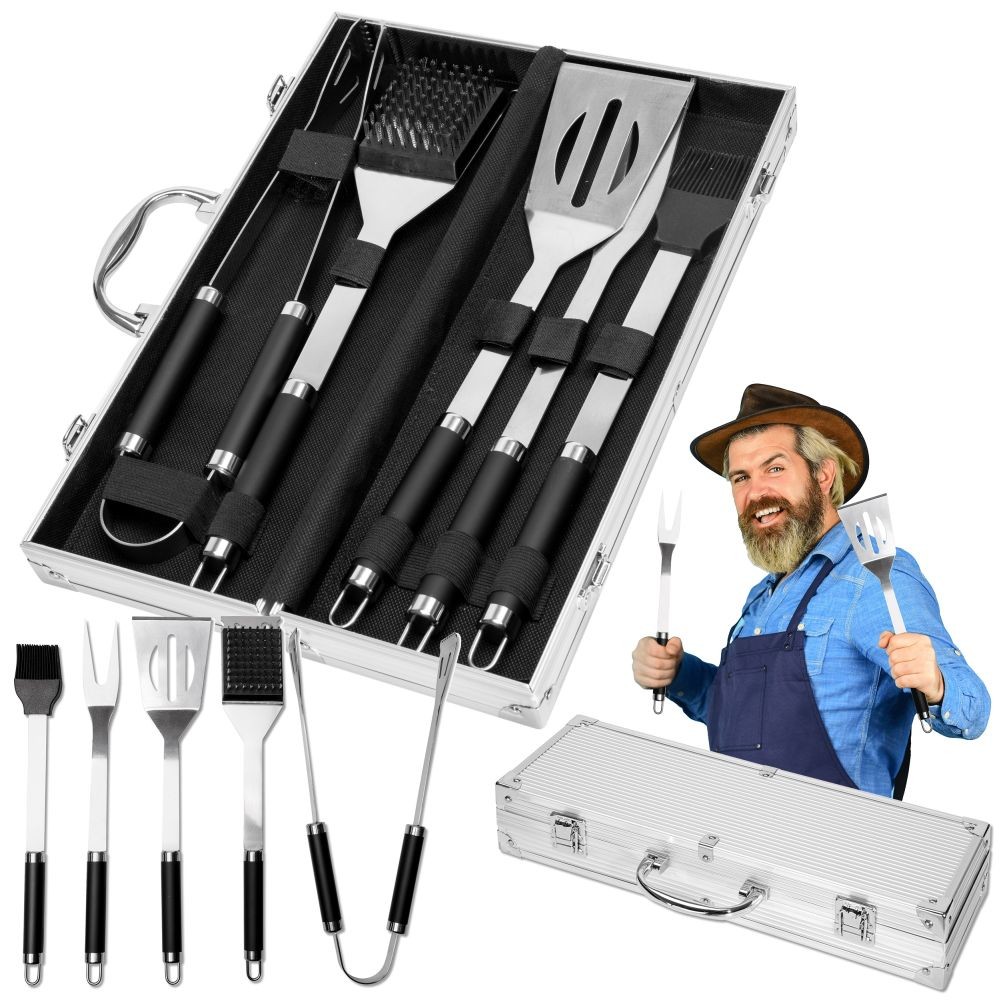 Set 5 accesorii pentru gratar, otel inoxidabil, valiza cu maner