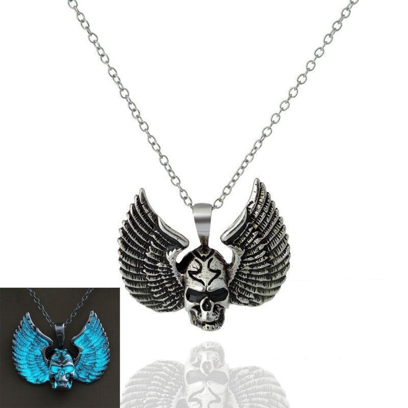 Colier cu pandantiv Skeleton Wings luminescent, inoxidabil, 50 cm