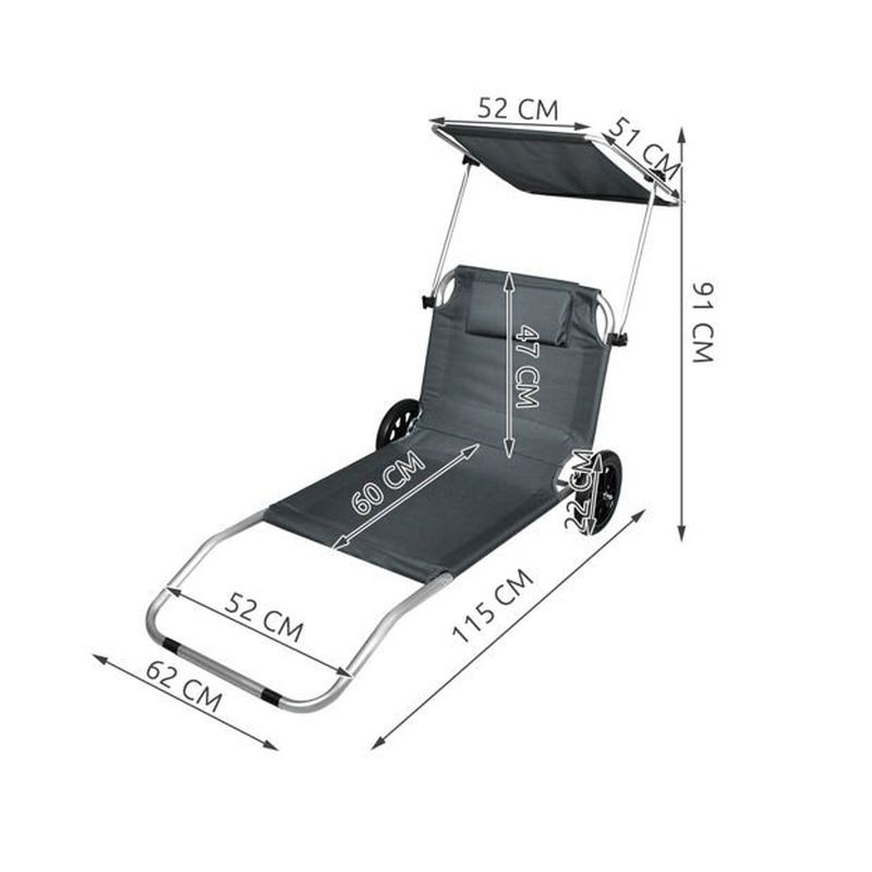 Sezlong pliabil cu paravan protectie solara, 2 roti, tetiera, 115x62cm, gri
