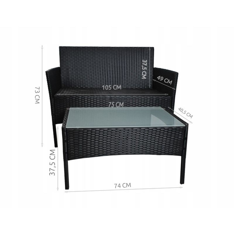 Set mobilier gradina, 4 piese, masuta, fotolii, canapea, model ratan, negru