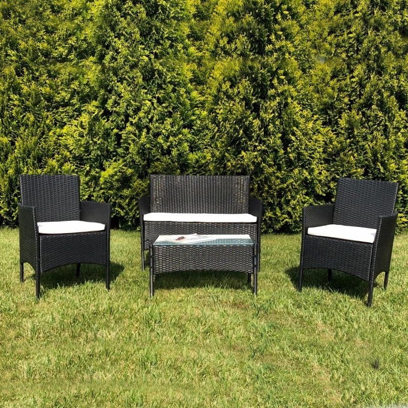 Set mobilier gradina, 4 piese, masuta, fotolii, canapea, model ratan, negru