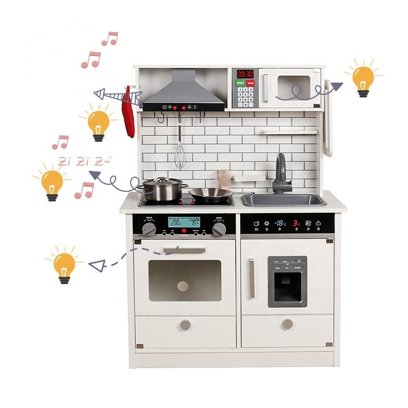 Bucatarie de lemn pentru copii, iluminata, efecte sonore, 4 accesorii ...