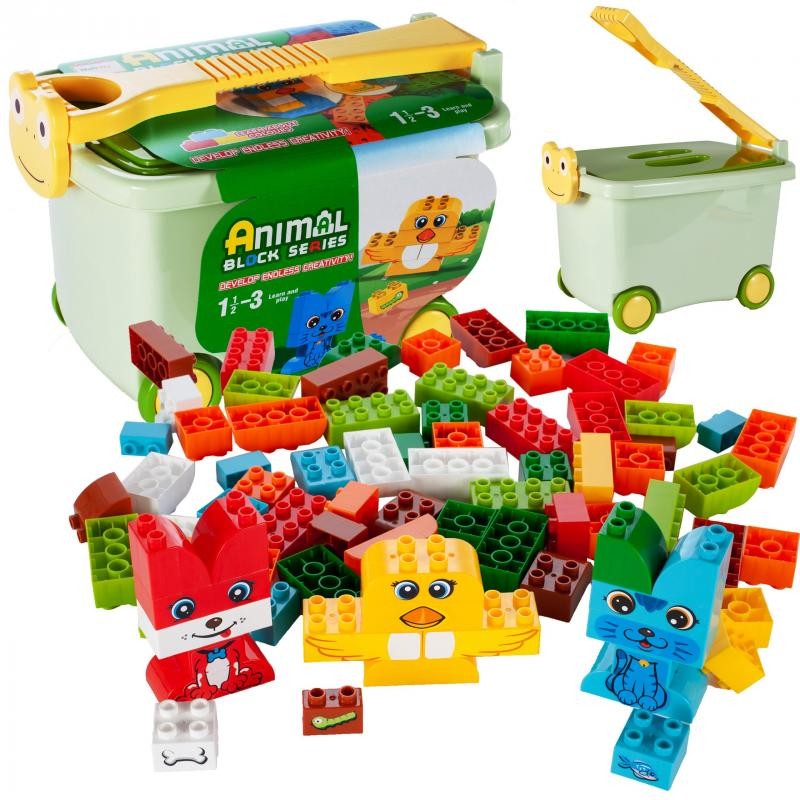 Cuburi constructie cu animalute pentru copii, spatiu depozitare inclus