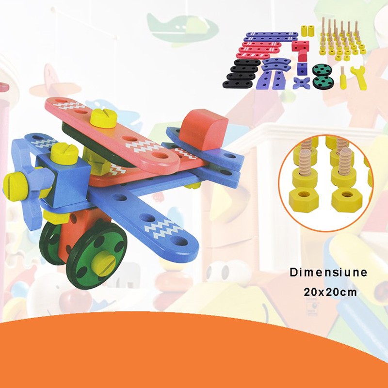 Set constructie din lemn, puzzle avion, 57 de piese, multicolor